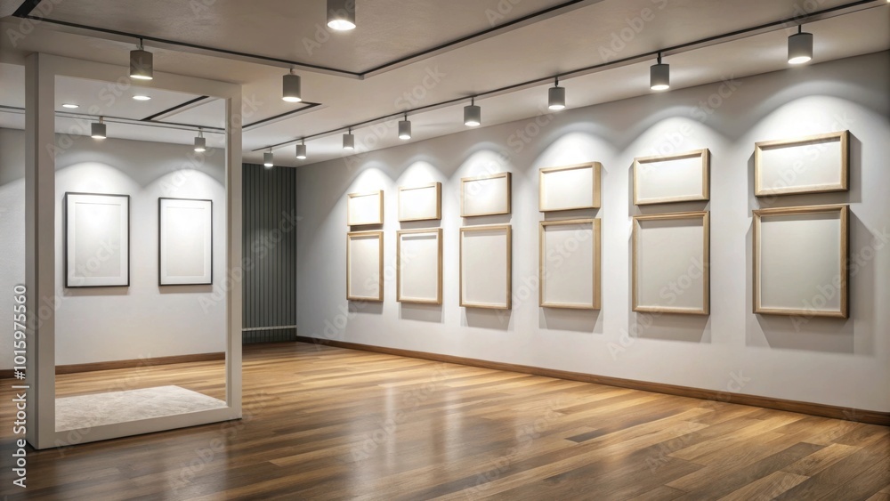 Gallery interior with empty frames on the wall, render , gallery ...