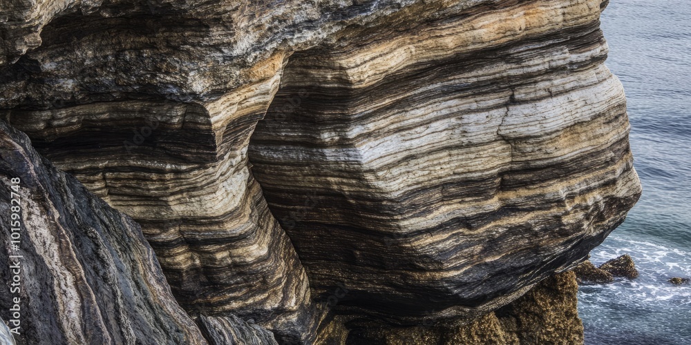 Striped rock formations jut out over the ocean. The layers are made of ...