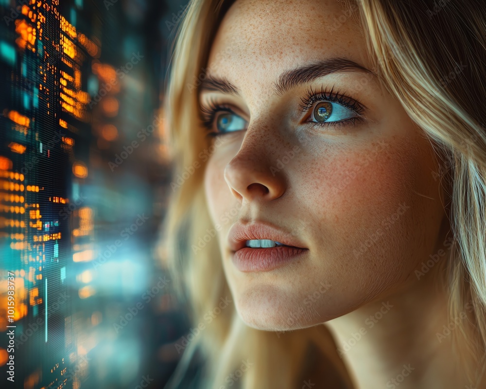 Data analyst portrait of a blonde Caucasian female in information ...