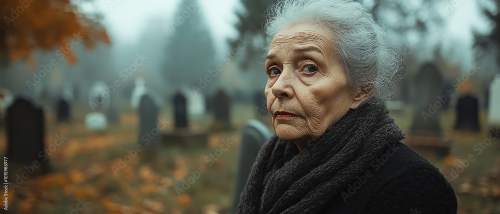 Portrait of an old woman thinking about death, with a cemetery view in ...