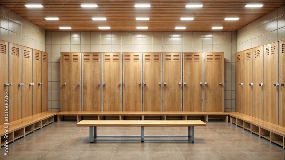 Empty sports locker room with wooden cubicles, bench, and hangers ...