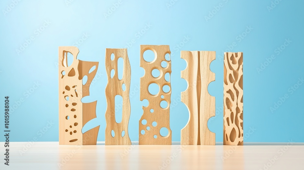 Flat MDF cutouts, each engraved with different patterns, standing in a ...