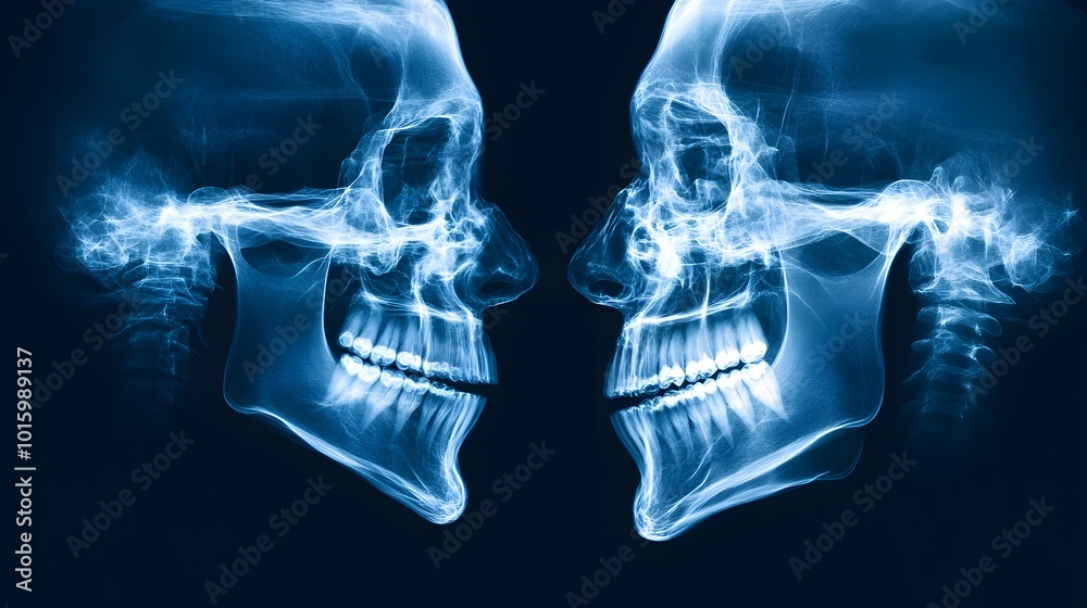 X-ray before-and-after comparison, showing jaw alignment correction ...