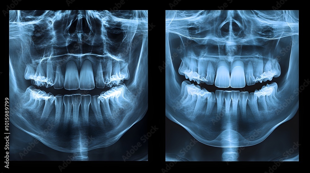 X-ray comparison of jaw alignment before and after braces, emphasizing ...