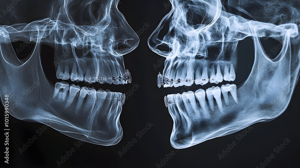 Before-and-after X-ray of jaw and teeth, showing gradual bone ...