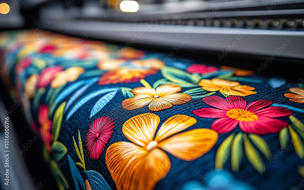 Detailed view of sublimation printer creating bright floral designs on ...