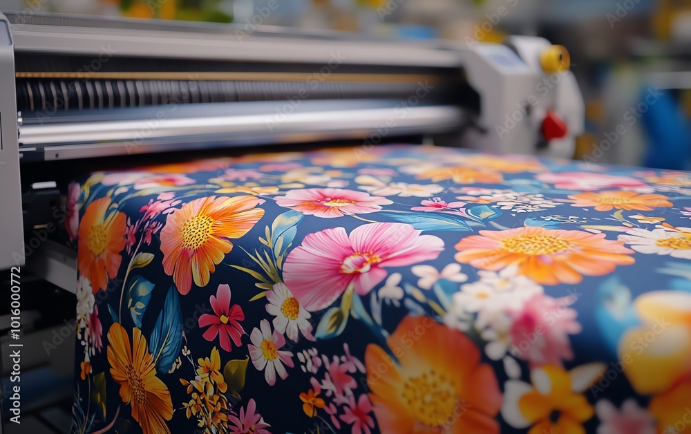 Detailed view of sublimation printer creating bright floral designs on ...