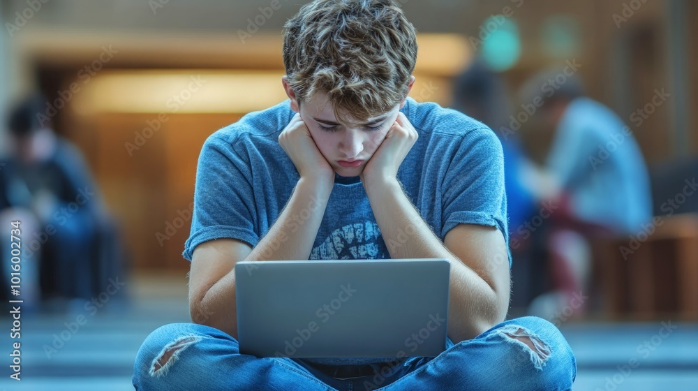 Sad young student sitting alone at a school desk, head down, surrounded ...