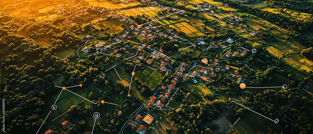Detailed aerial view showing land plots with location markers and ...