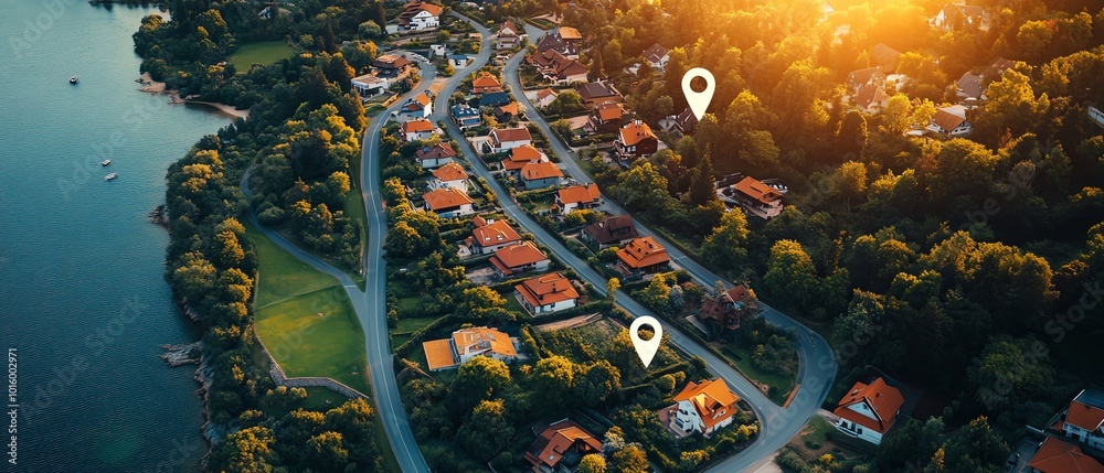 Detailed aerial view showing land plots with location markers and ...