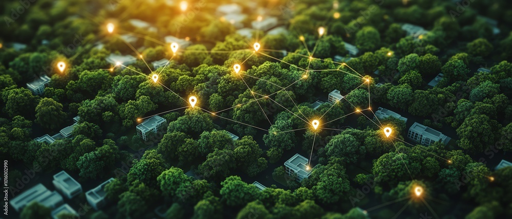 Detailed aerial view showing land plots with location markers and ...