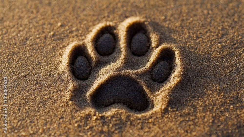 Dog paw print on sandy surface, showcasing a clear imprint, emphasizing ...