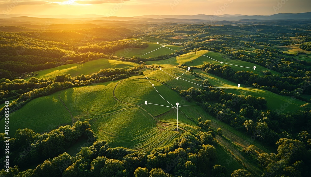 Aerial perspective of land plots with visible location markers and ...