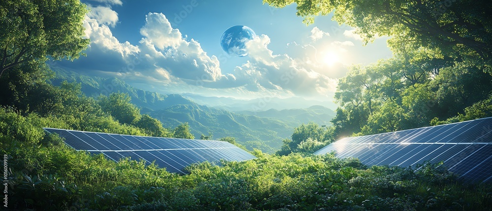 Solar panels integrated into a lush green landscape with Earth in the ...