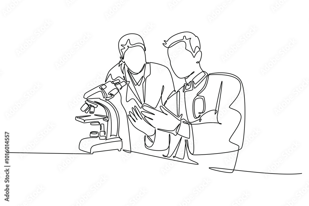 Continuous one line drawing couple scientist analyze blood sample using ...