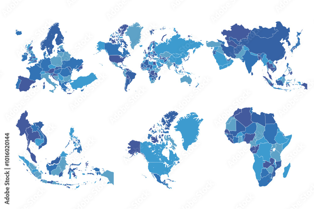 World map. Blue tones map. Continents of the world on white background ...