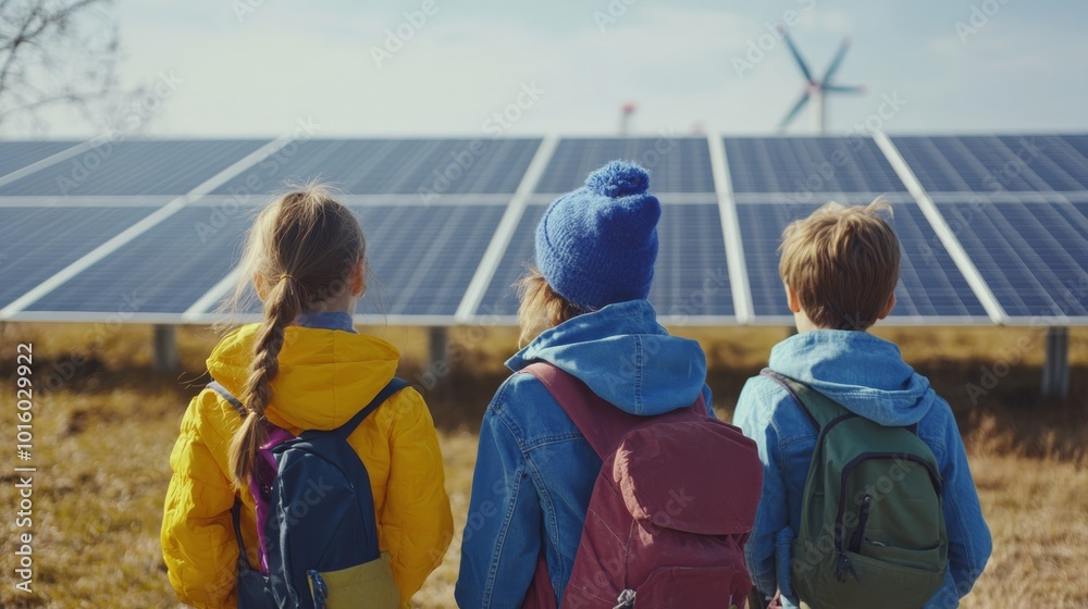 Three children observe solar panels and a wind turbine, embodying a ...
