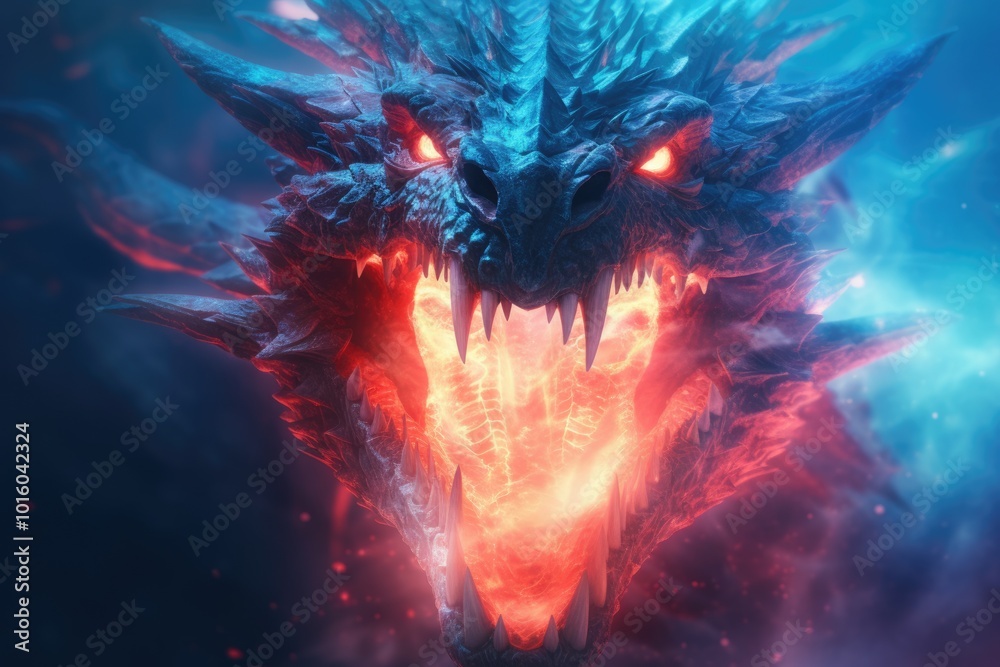The close up picture of the fantasy dark dragon is opening the mouth to ...