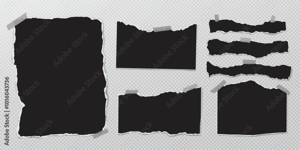 Set of torn black note paper pieces with sticky tape are on transparent ...