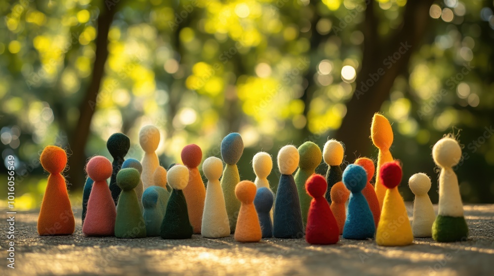 Soft felted figurines of diverse shapes, colors, and textures in a park ...