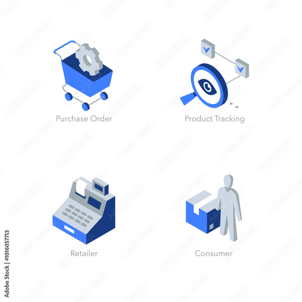 Simple set of isometric flat icons for supply chain. Contains such ...