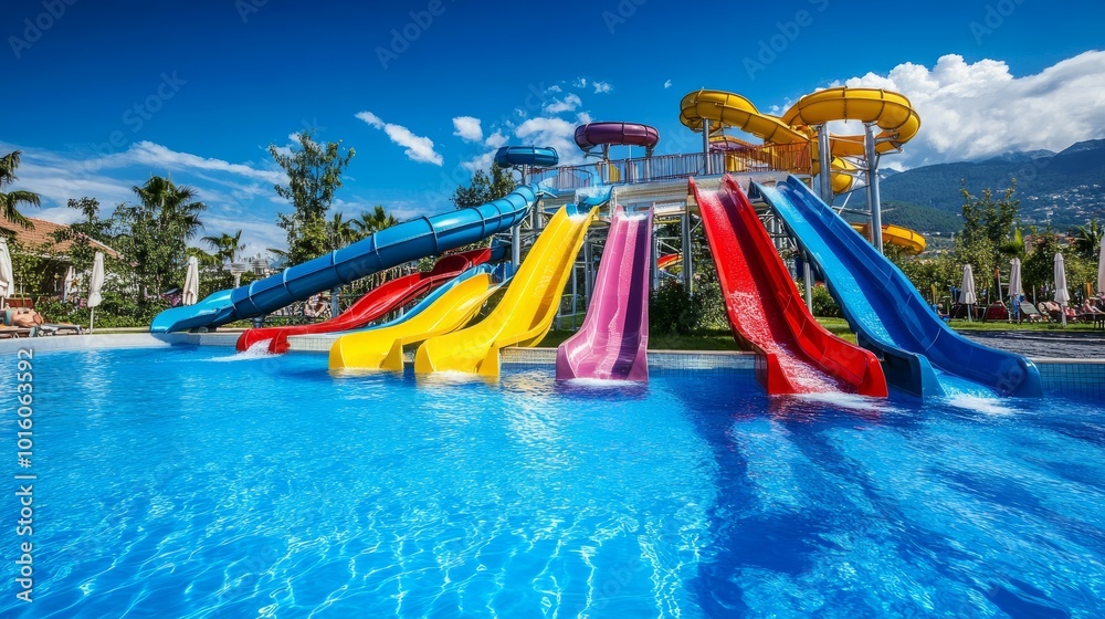 Vibrant water slides ending in a cool blue pool, perfect scene for ...