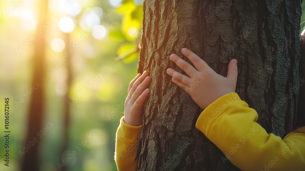 Child s Hands Touching Tree Bark in Forest Nature Environment ...