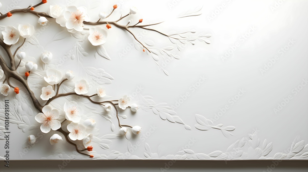 Sparse floral embossed invitation card, White paper sheet mockup with ...