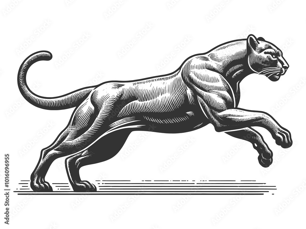 Jumping running panther, emphasizing its muscular build and agility ...