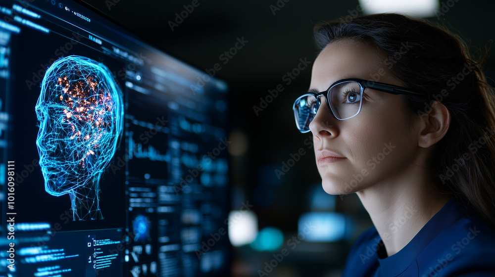 Innovative woman analyzing digital brain data on screen, showcasing ...