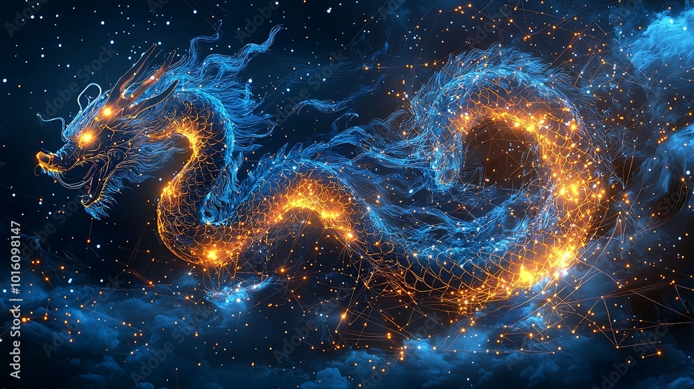 An artistic representation of a majestic fiery-blue dragon, its body ...