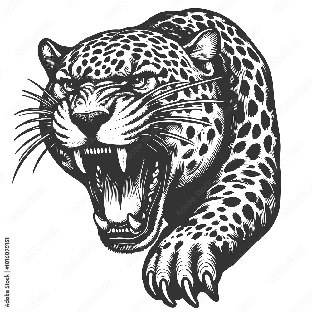 leaping leopard, roaring with fierce expression and sharp teeth. Tattoo ...