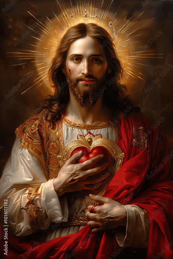 Jesus Christ with Sacred Heart in Hyperrealistic Oil Painting, Red and ...