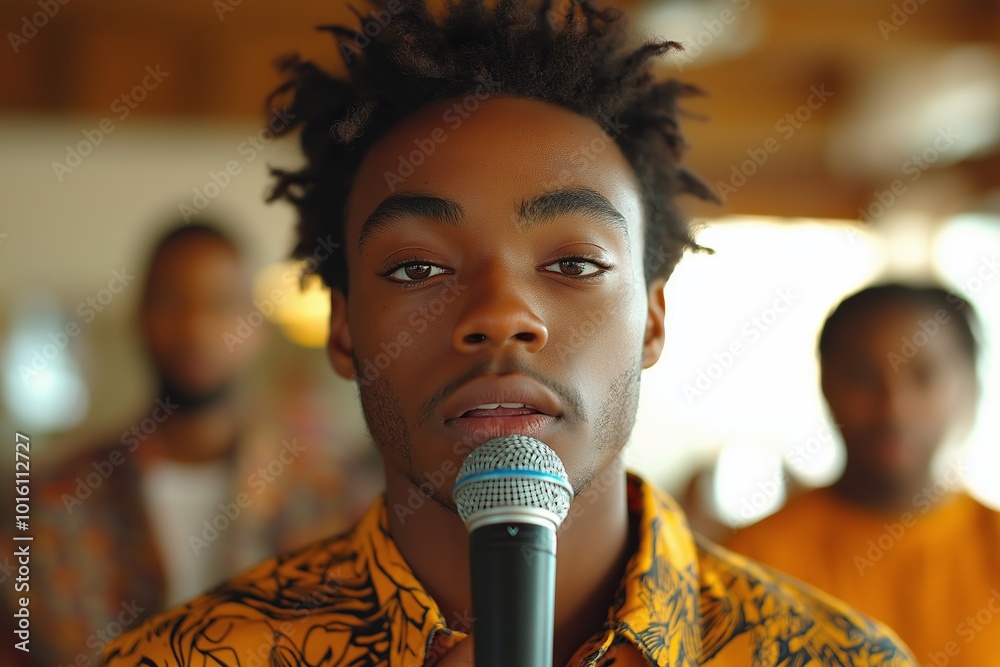 Man with a microphone is wearing a yellow shirt. He is the only person ...