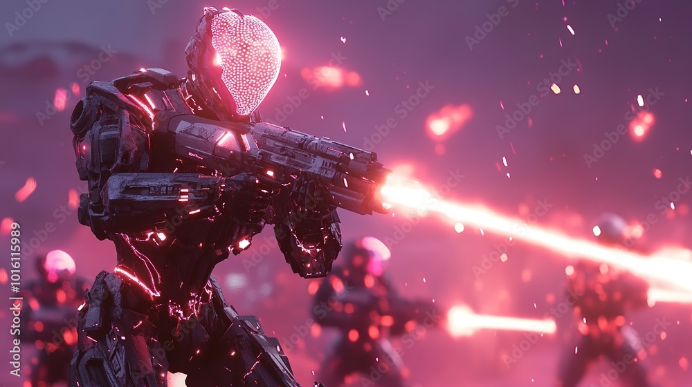 Futuristic robots with glowing eyes march through a vibrant city during ...