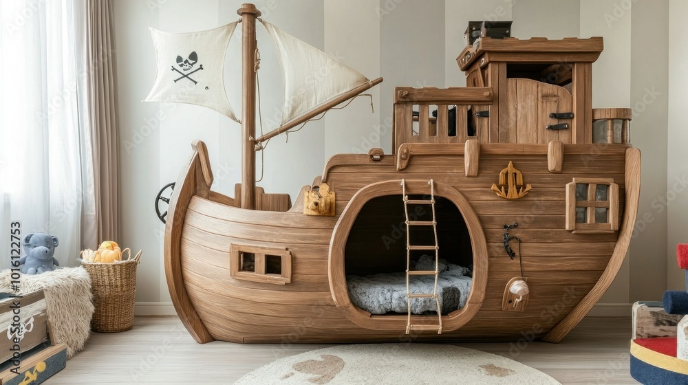 A pirate ship-themed playhouse with a wooden boat structure, a mast ...