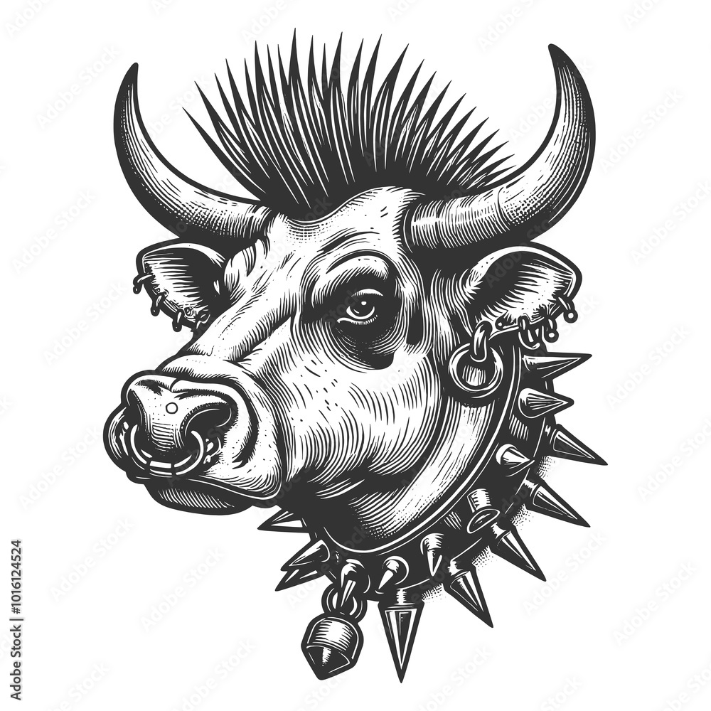 punk bull with a mohawk, in sunglasses, nose ring, and a leather jacket ...