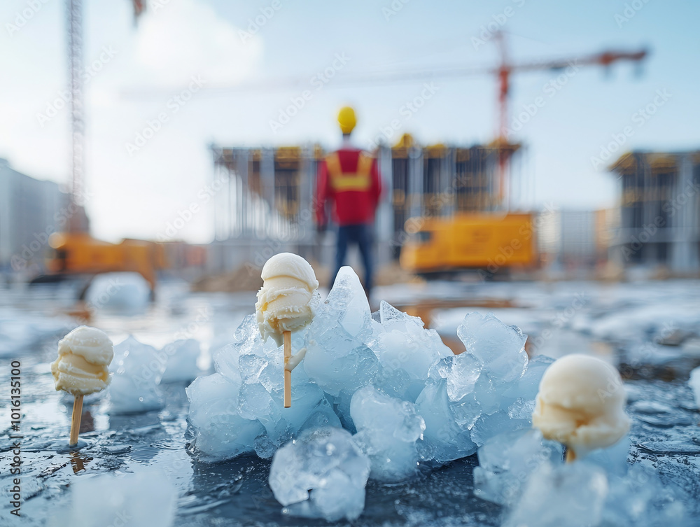 image depicts construction site transformed by global warming, with ice ...