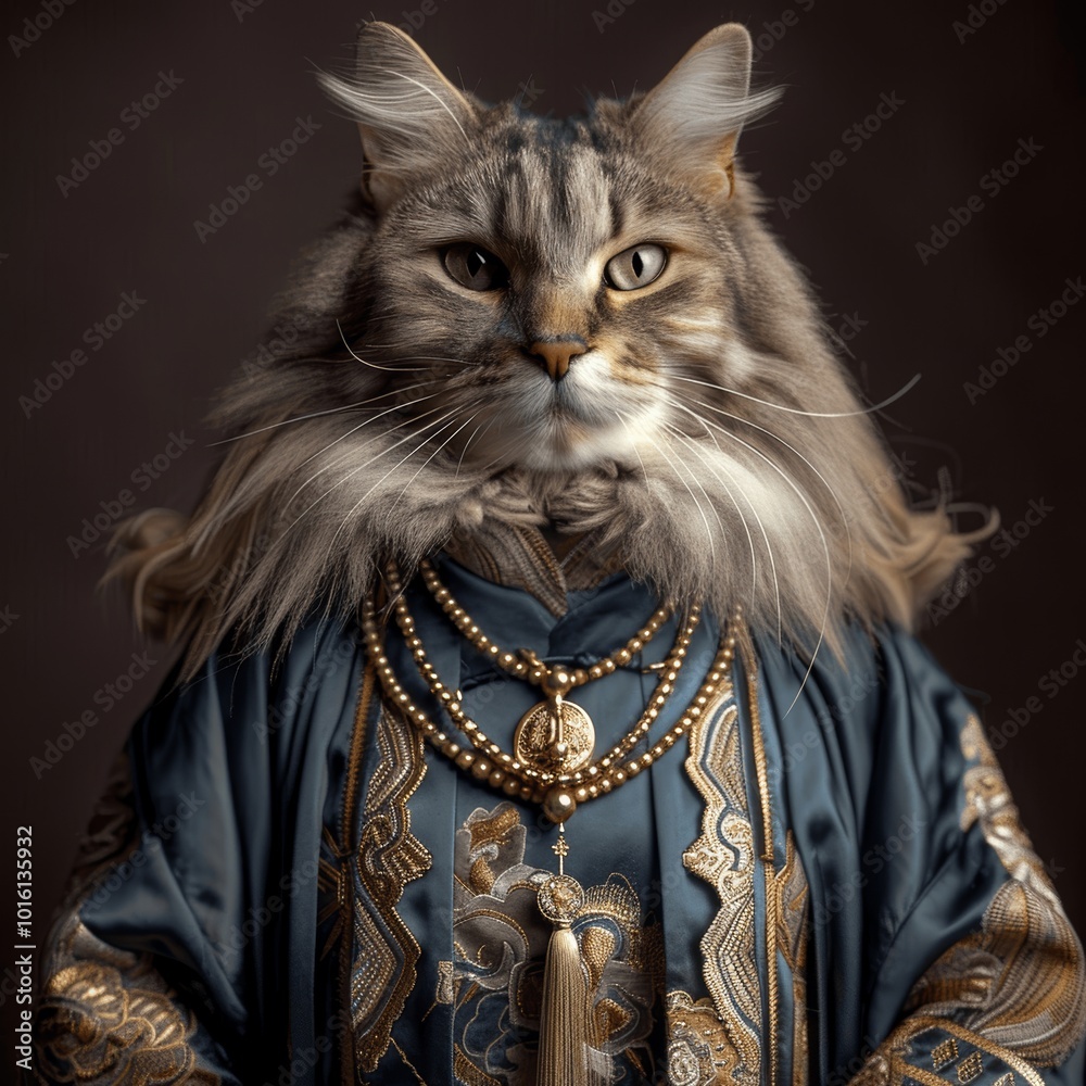 Hyper realistic portrait of a beautiful long-haired cat as an ancient ...