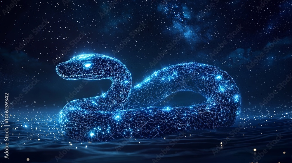 A mystical serpent, glowing with an internal light, glides across a ...