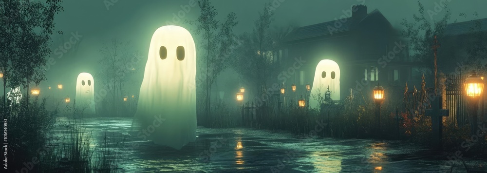 Eerie night scene featuring glowing ghosts haunting a foggy town by the ...