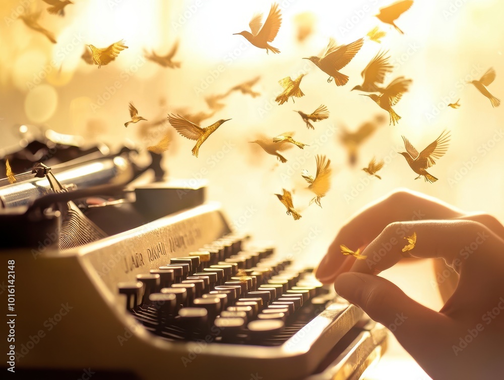 A hand types on a vintage typewriter, surrounded by flying birds ...