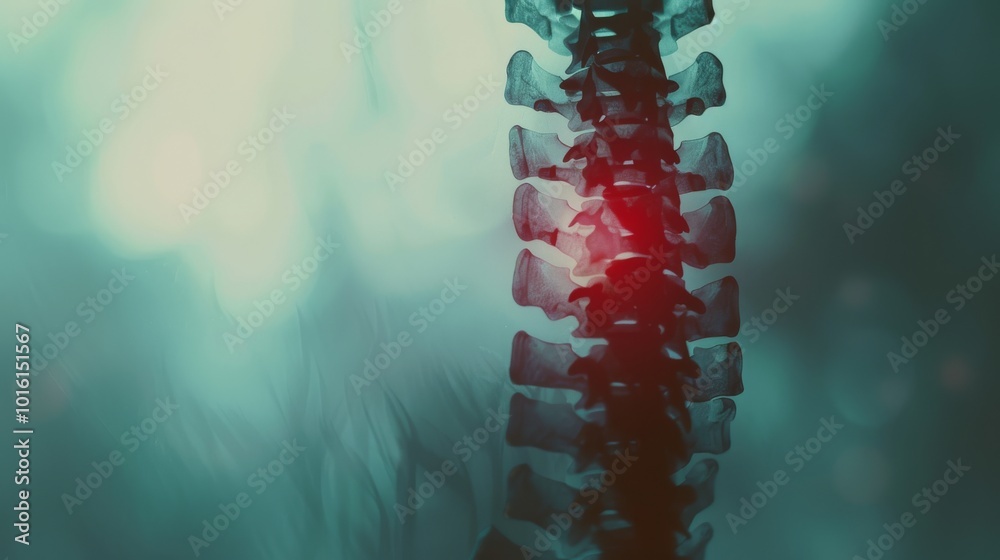 Ethereal view of a human spine with a red highlight, amidst a hazy ...