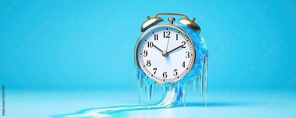 A floating clock encased in ice, with time slipping out of the frame in ...