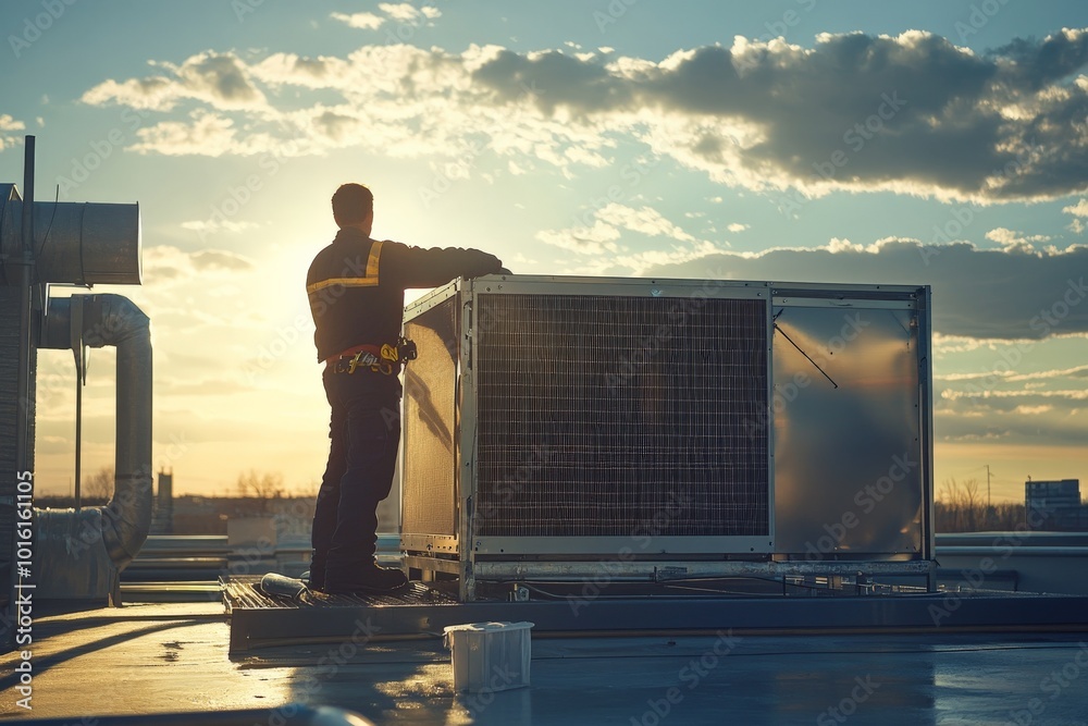 A silhouette of a technician on a rooftop inspecting a large HVAC ...