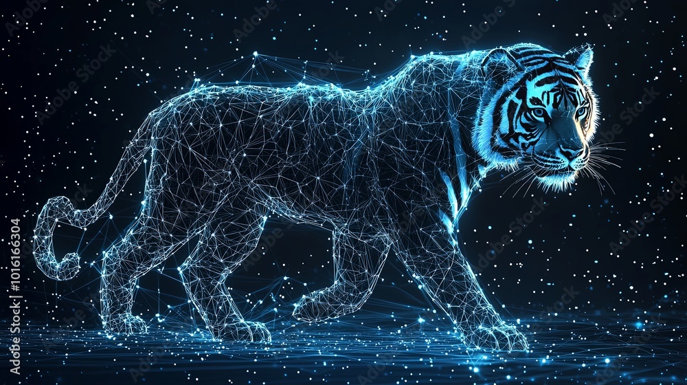 A striking wireframe tiger lit by digital nodes journeys through a ...
