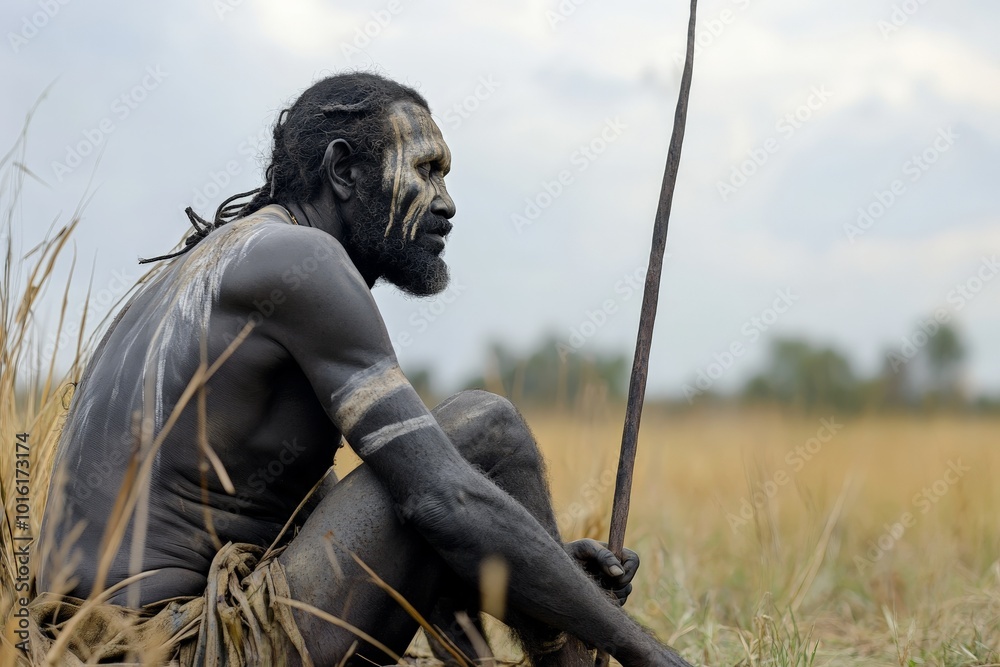 An elderly hunter with tribal paint sits on the savanna, holding a ...