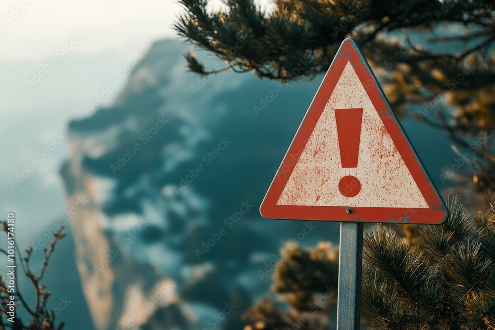 A triangular warning sign with an exclamation mark is set against a ...