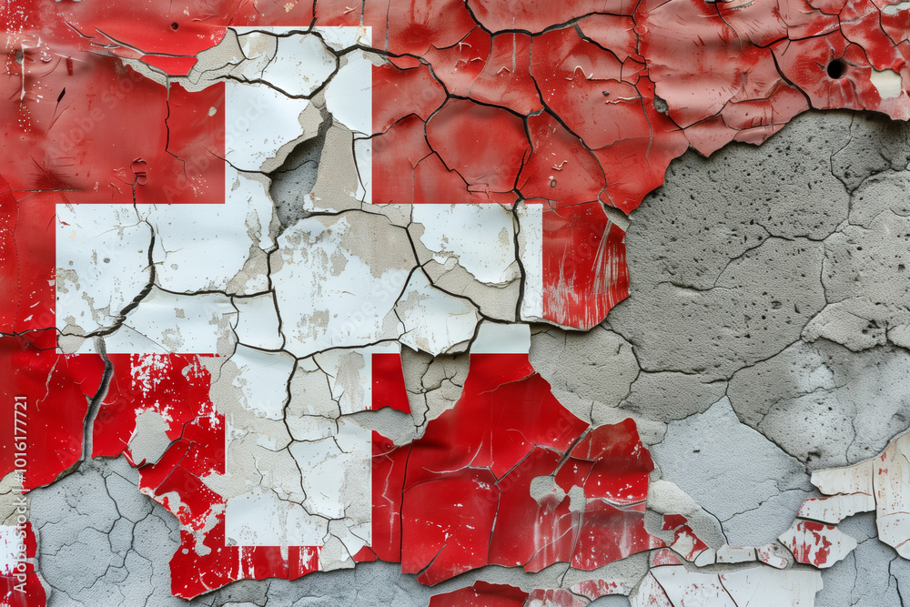Detailed close-up of a weathered Swiss flag painted on a rough concrete ...