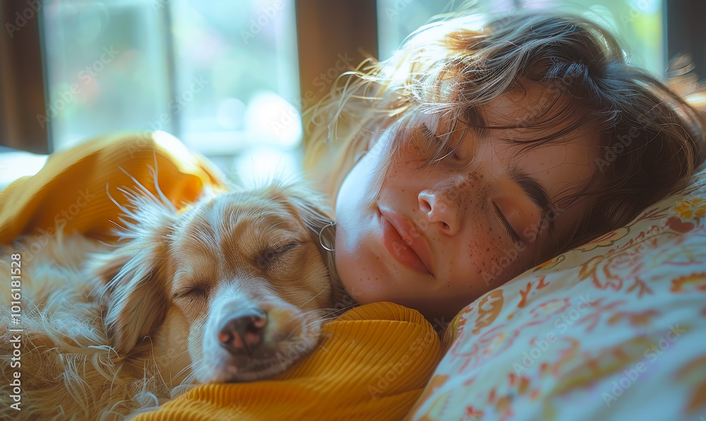 Young woman napping with her dog in cozy home setting, peaceful morning ...